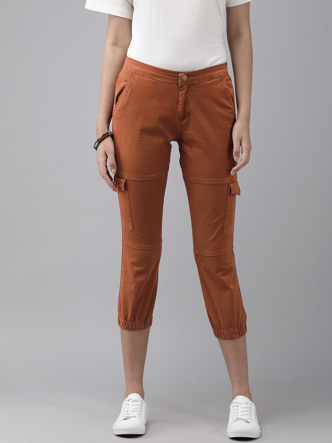Buy Roadster Women Rust Slim Fit Cargo Style Crop Joggers - Trousers ...