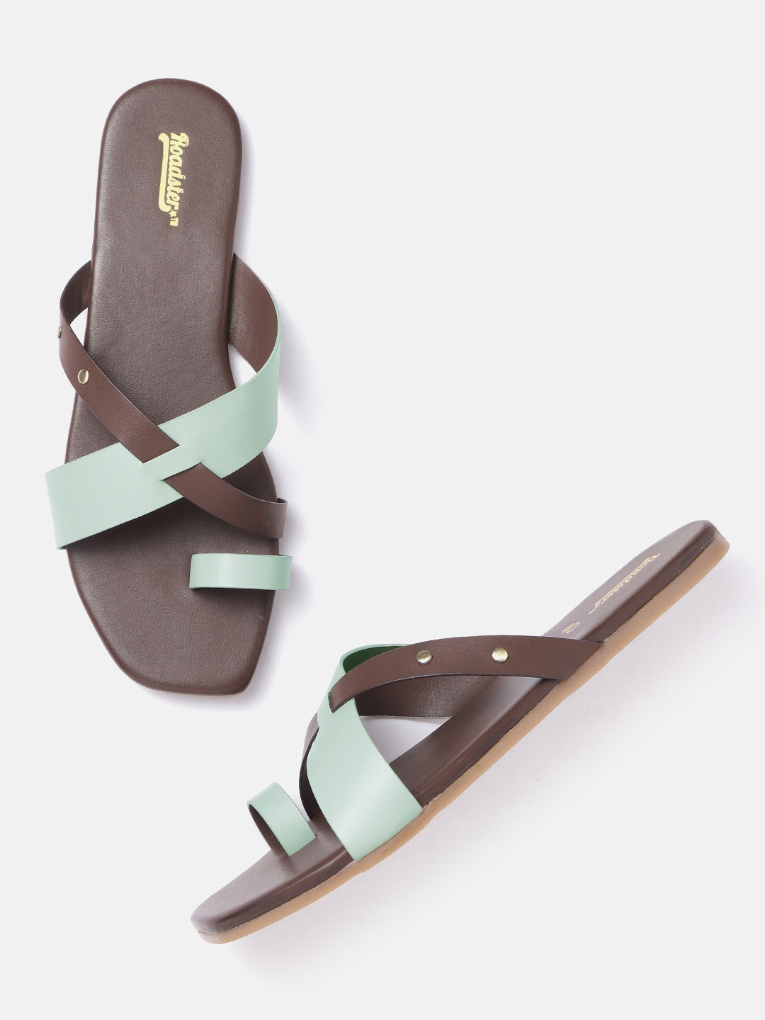 Buy Roadster Women Mint Green & Coffee Brown Colourblocked One Toe ...