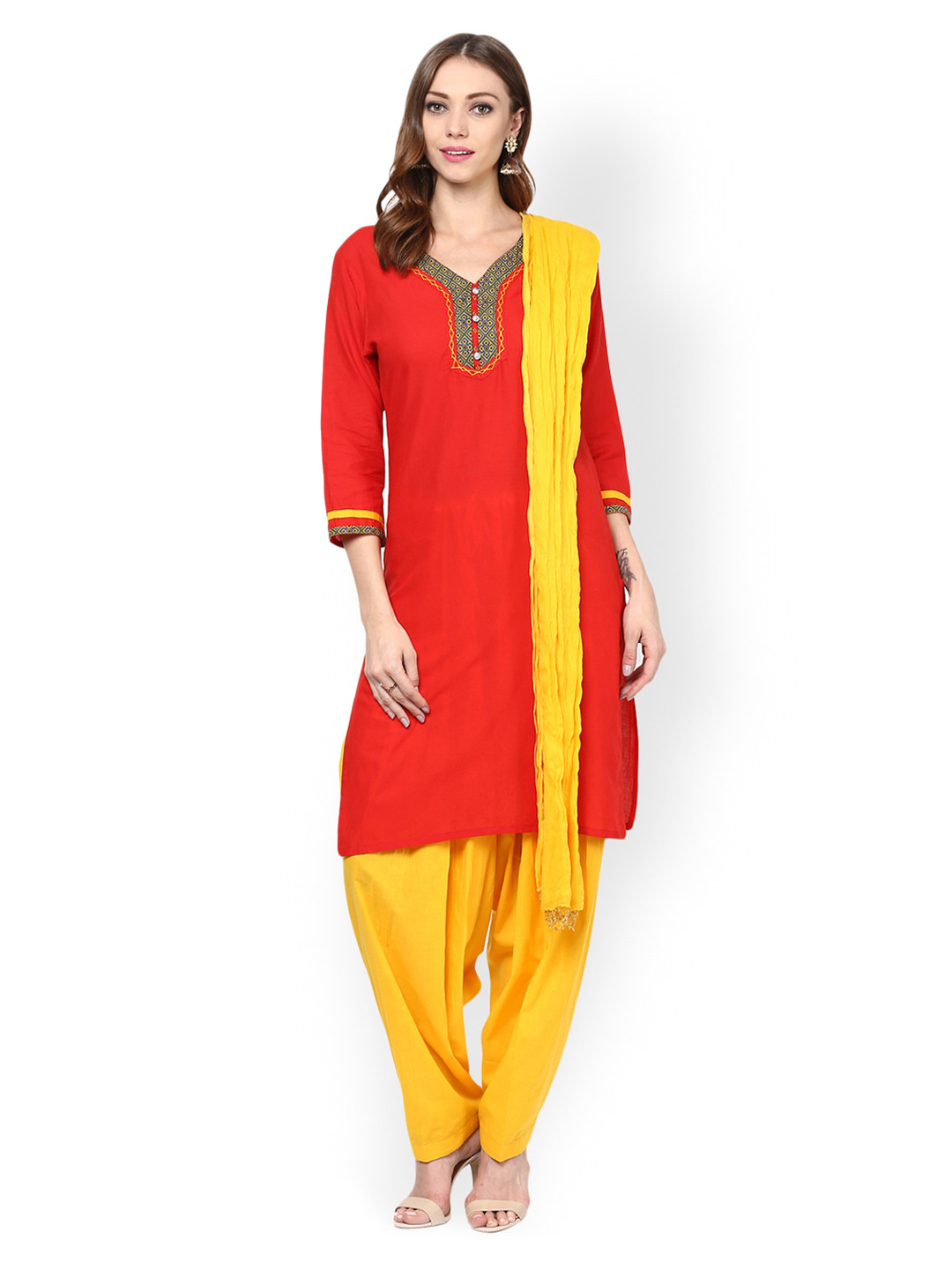 Buy Jaipur Kurti Red & Yellow Patiala Kurta Set With Dupatta - Kurta ...