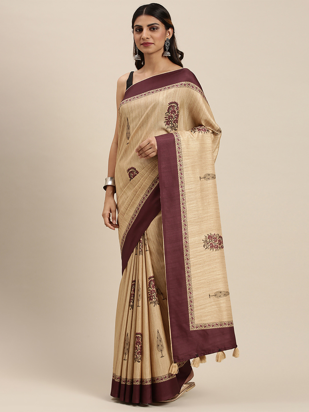 Buy Soch Beige & Maroon Ethnic Motifs Silk Blend Saree - Sarees for ...