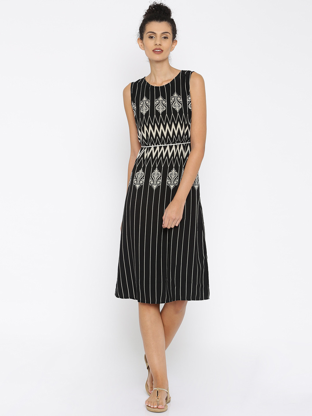 Buy Fusion Beats Women Black & White Printed A Line Dress - Dresses for ...