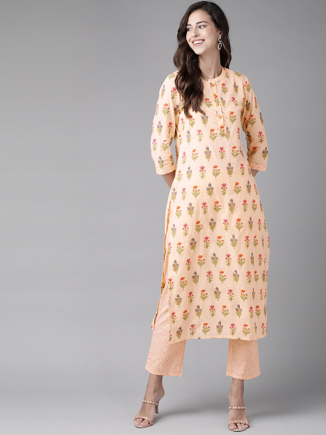 Buy Amirah S Women Peach Coloured Ethnic Print Pure Cotton Kurta With