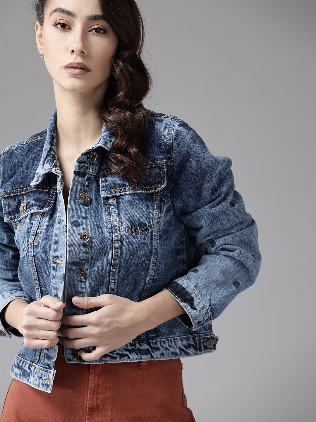 Buy Roadster Women Pure Cotton Navy Blue Denim Jacket - Jackets for ...