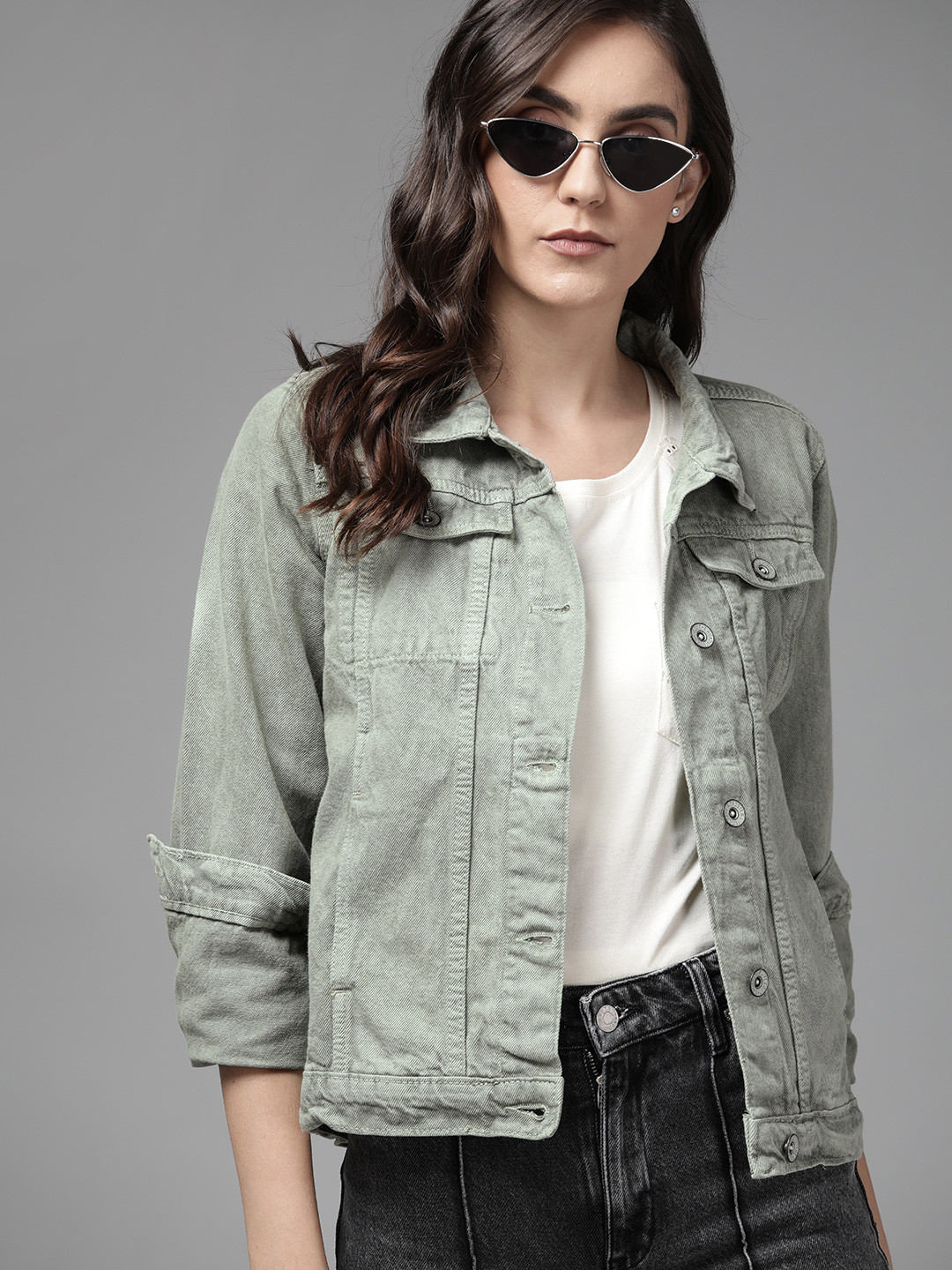 Buy Roadster Women Sage Green Pure Cotton Solid Denim Jacket - Jackets ...