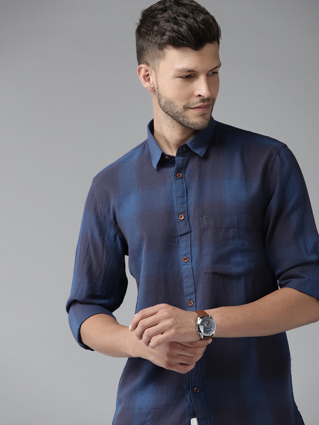 Buy French Connection Men Navy Blue Slim Fit Tartan Checks Pure Cotton ...