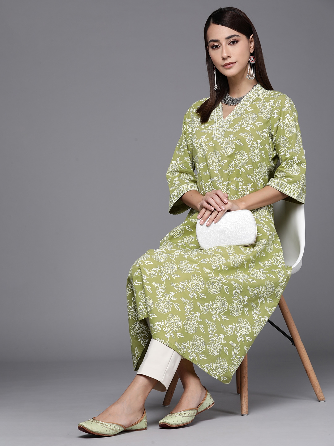 Buy Libas Women Green And White Ethnic Motifs Printed Kurta Kurtas For
