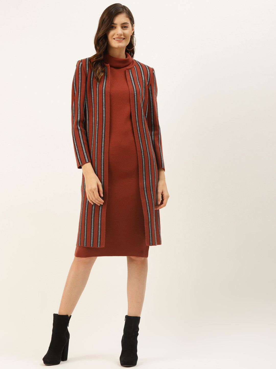 Buy Madame Rust Brown Striped Sweater Dress With Shrug - Dresses for ...