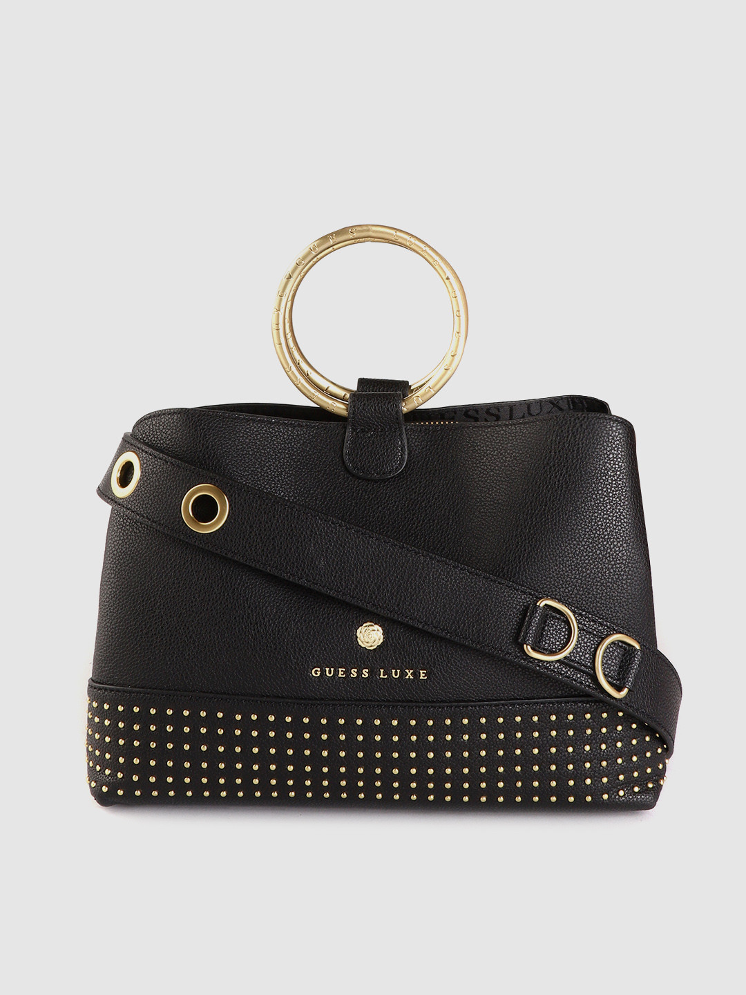 Buy GUESS Black Solid Leather Structured Handheld Bag With Studded ...
