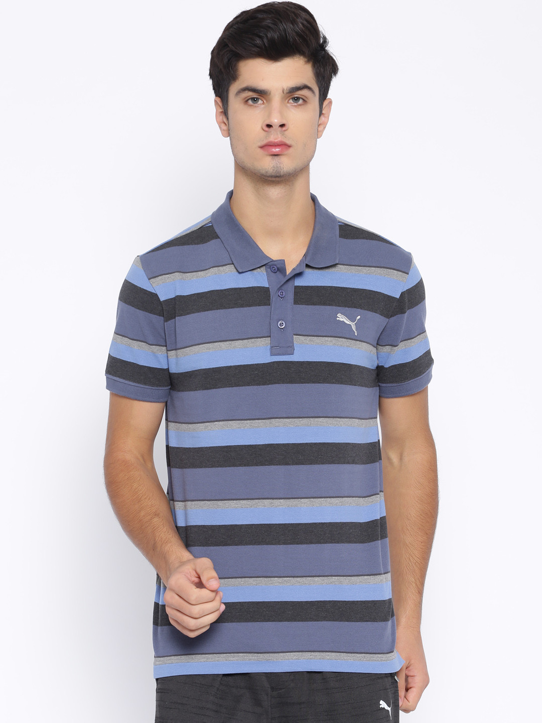 Buy Puma Grey & Blue Race Striped Pique Polo Slim Fit T Shirt - Tshirts ...