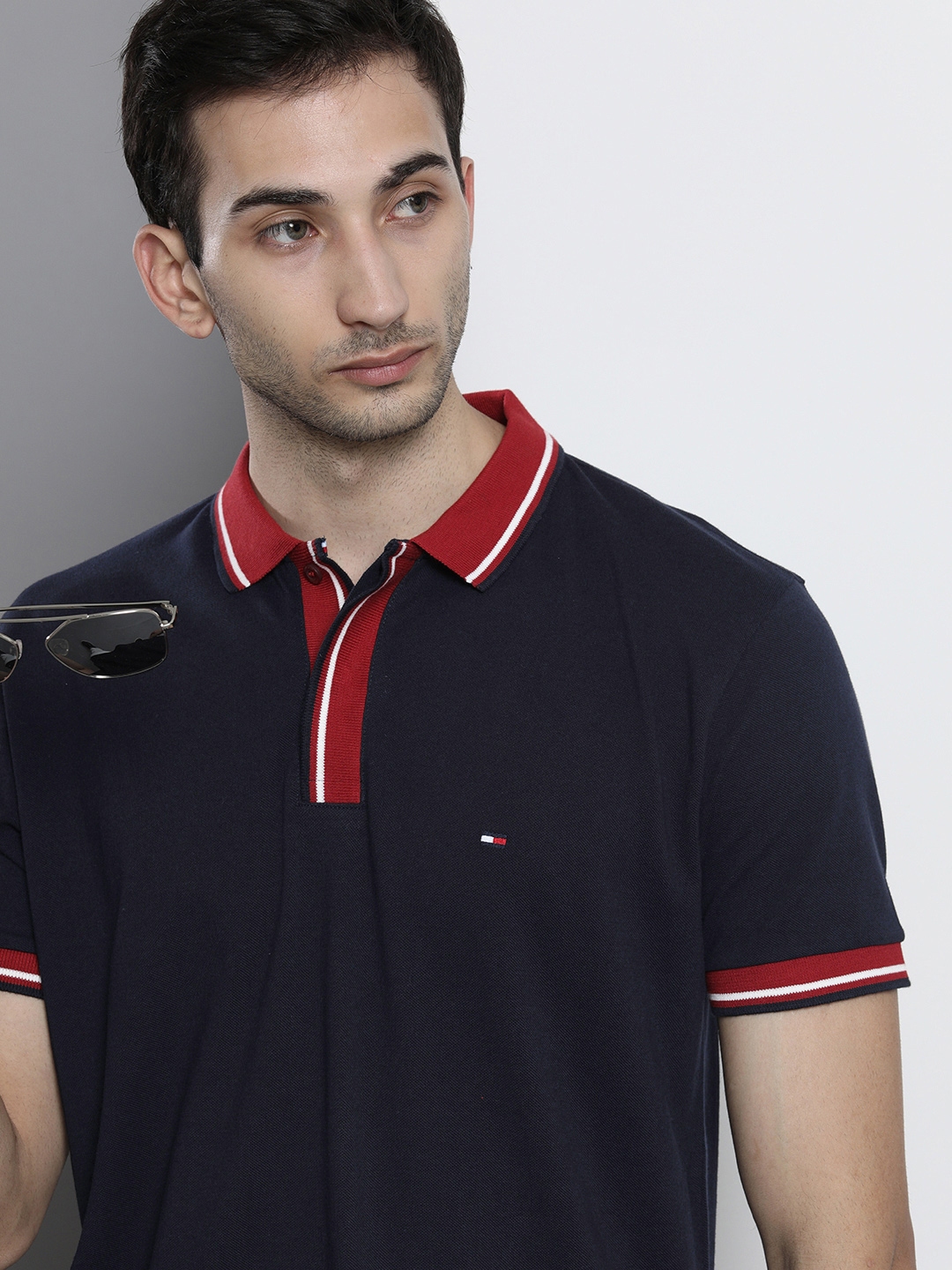 Buy Tommy Hilfiger Men Navy Blue Contrast Polo Collar Organic Cotton T