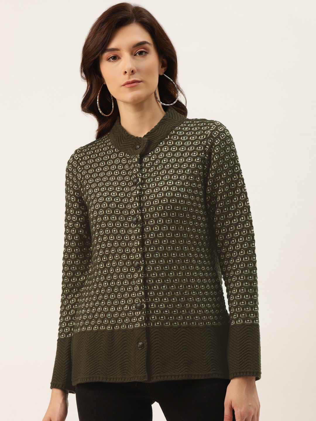 Buy American Eye Women Olive Green & White Woven Design Cardigan ...