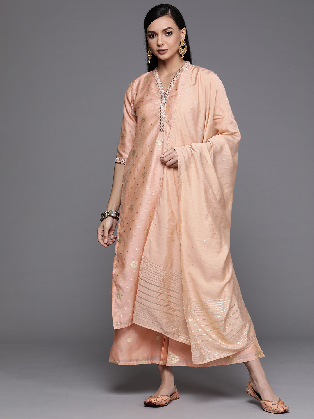 Buy Libas Women Peach Coloured Embroidered Chanderi Silk Kurta With ...