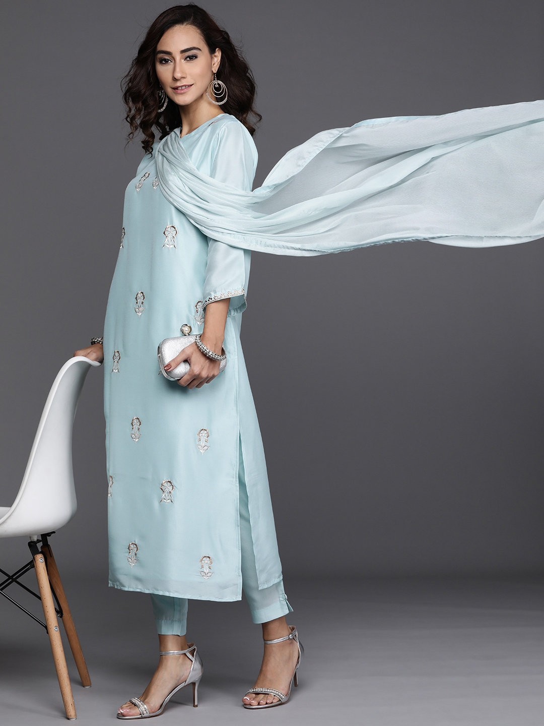 Buy Libas Women Blue Floral Embroidered Kurta With Trousers And Dupatta