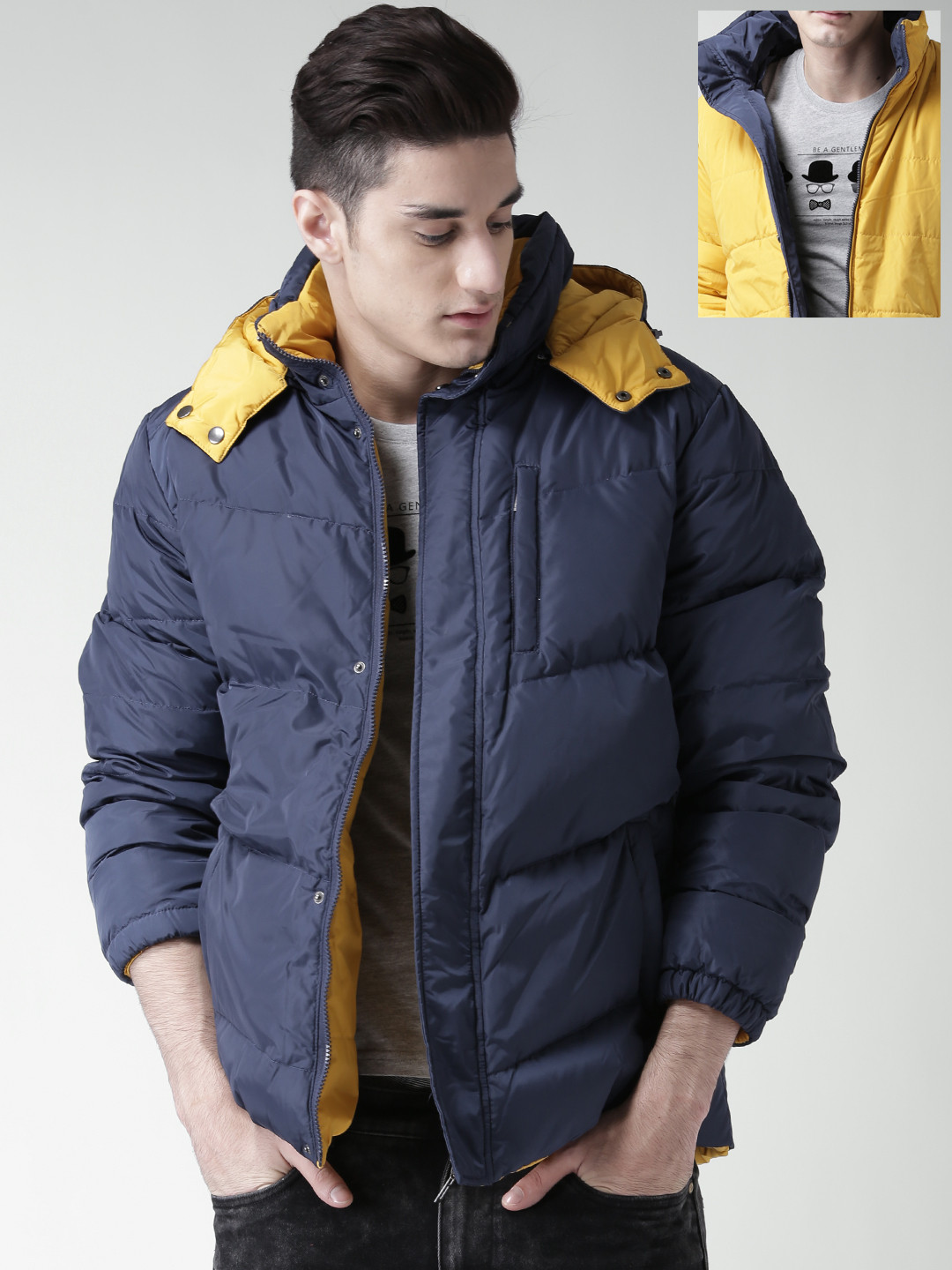 Buy SELA Navy & Yellow Reversible Jacket With Detachable Hood - Jackets ...