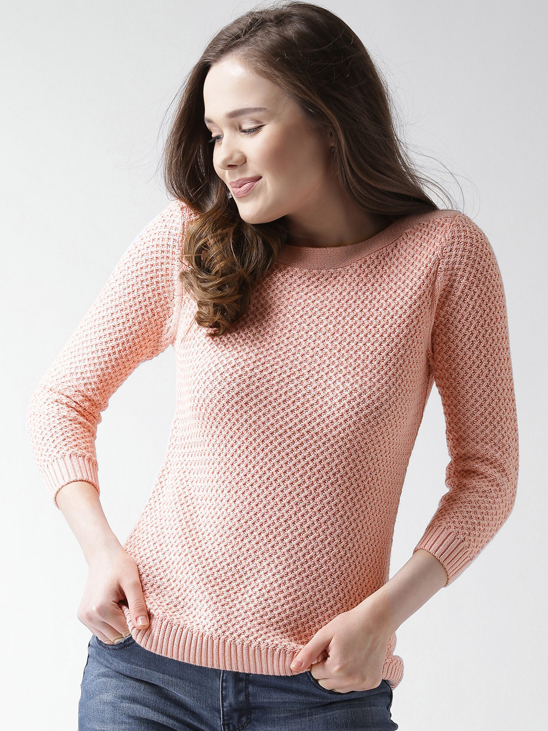 Buy SELA Women Peach Coloured Shimmer Sweater - Sweaters for Women ...