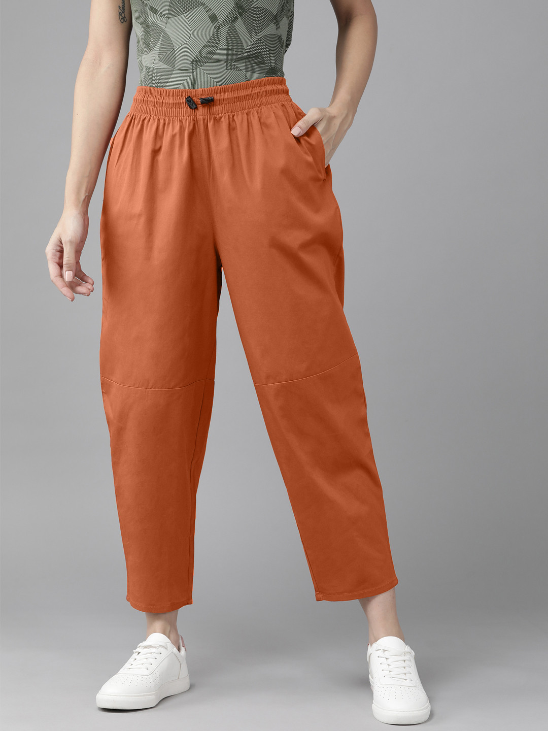 Buy Roadster Women Rust Brown Solid Pure Cotton Trousers - Trousers for ...