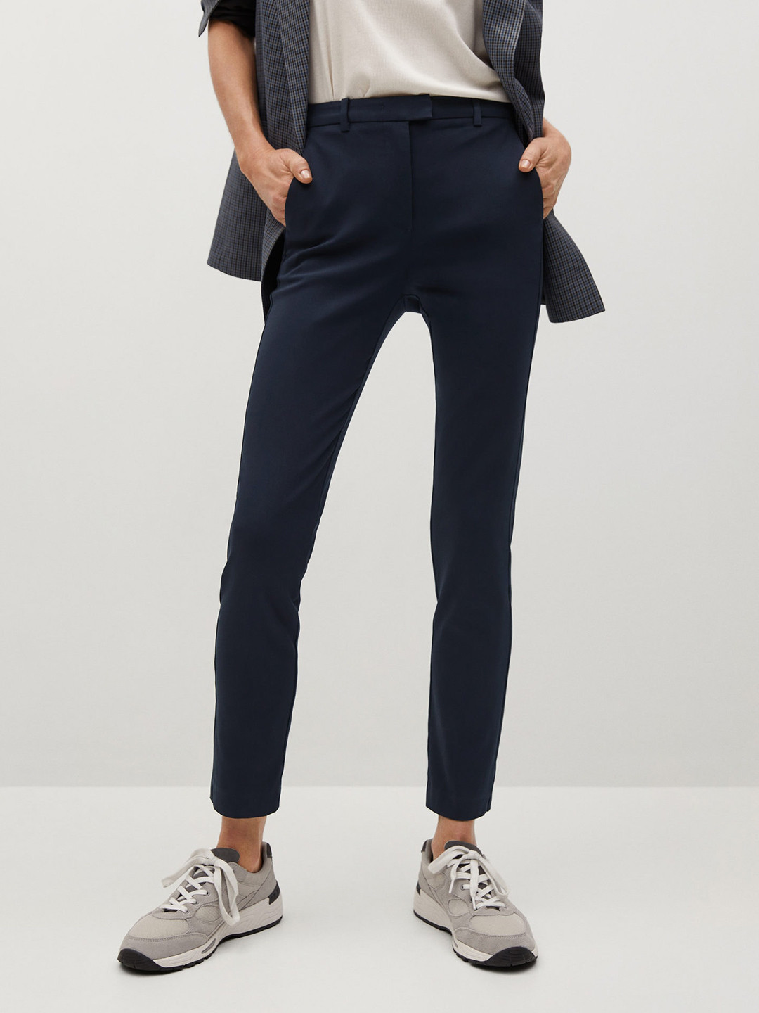 Buy MANGO Women Navy Blue Solid Trousers - Trousers for Women 14628622 ...