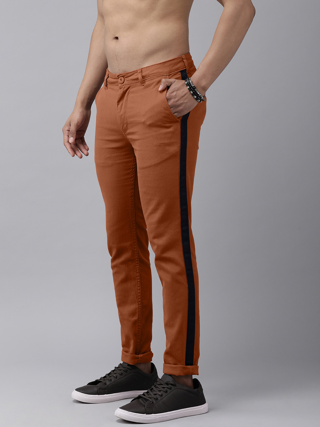 Buy Roadster Men Rust Trousers With Side Stripe - Trousers for Men ...