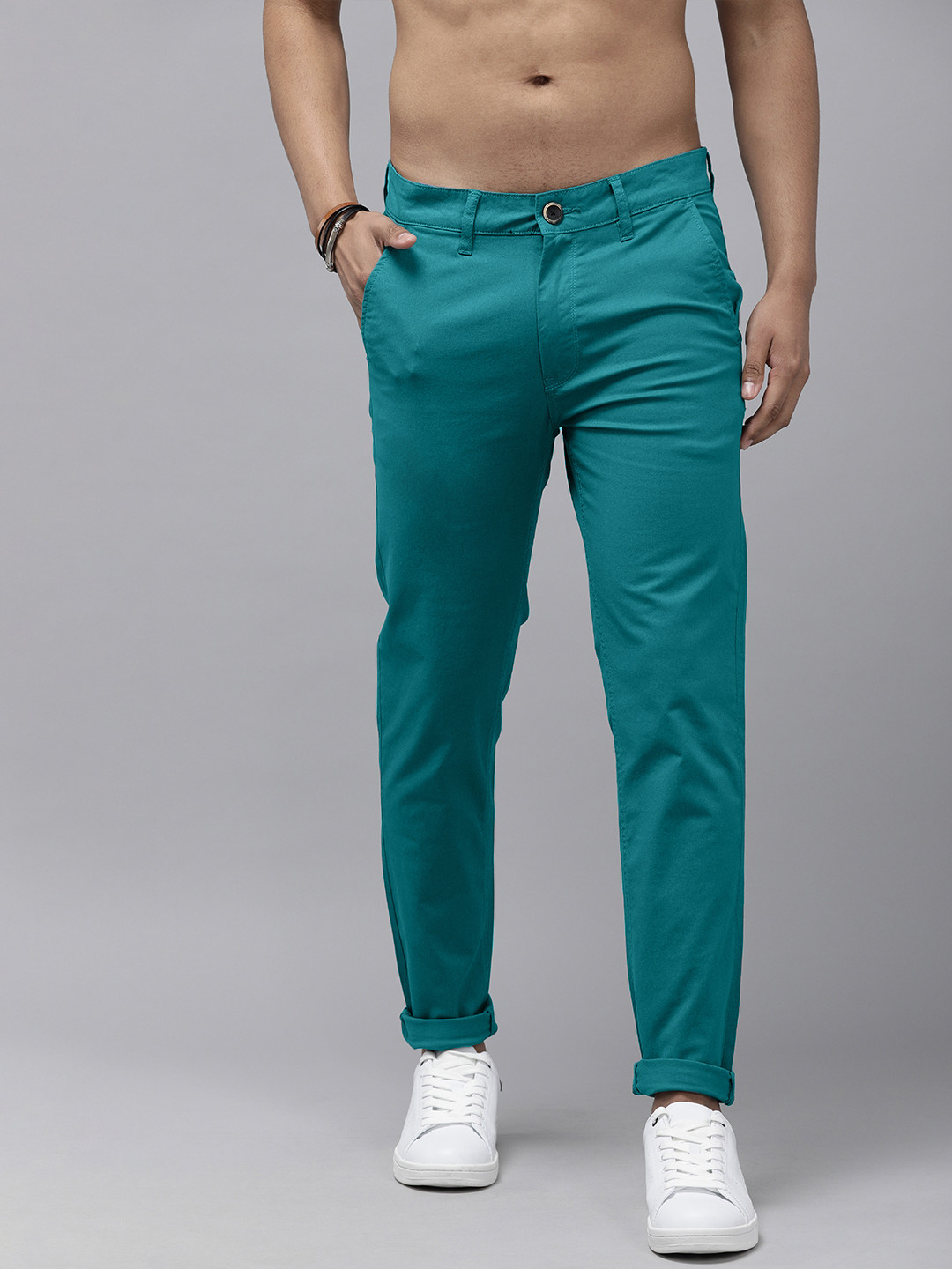 Buy Roadster Men Turquoise Blue Solid Opaque Slim Fit Trousers ...