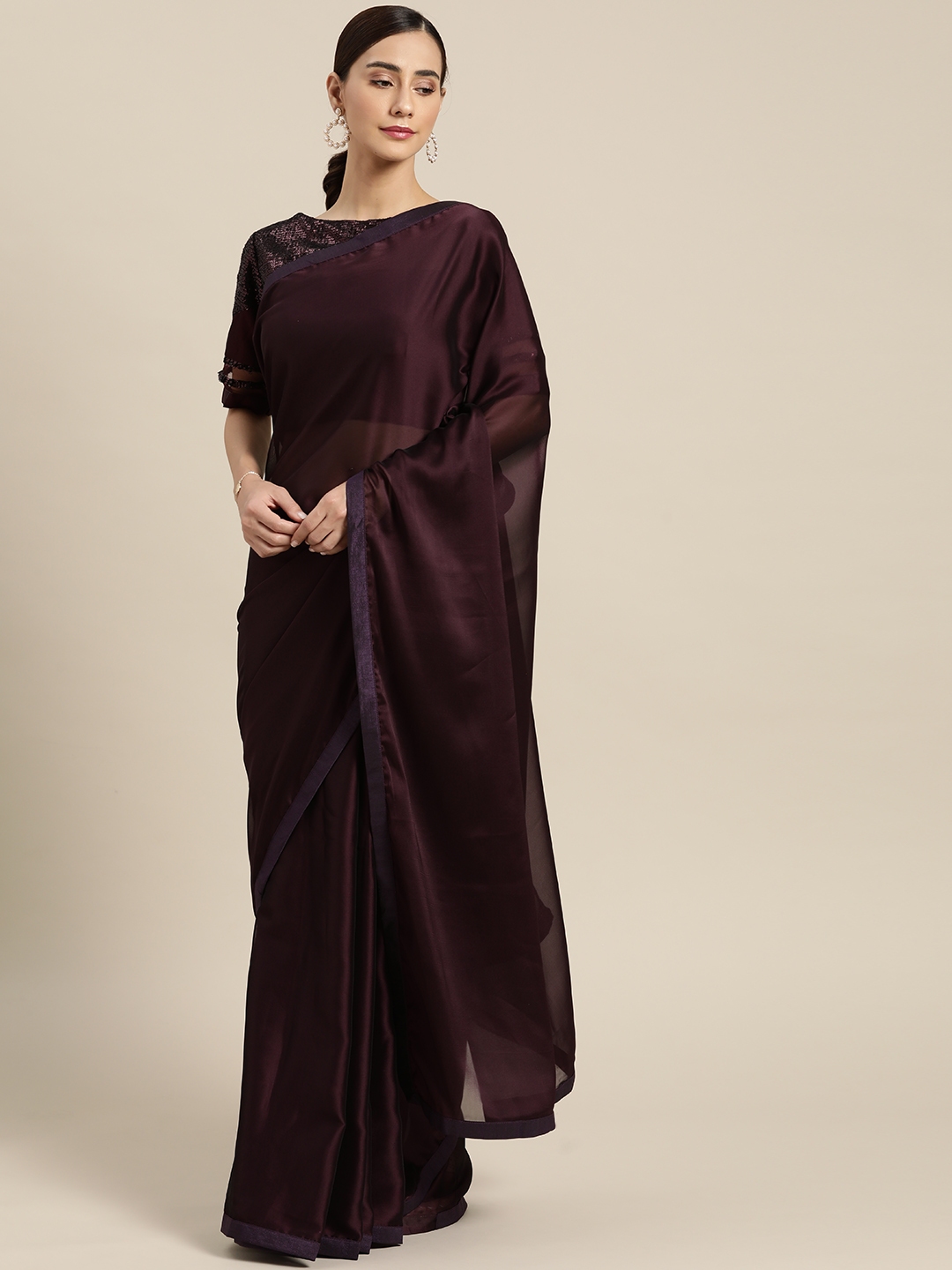 Buy All About You Burgundy Solid Satin Saree Sarees For Women