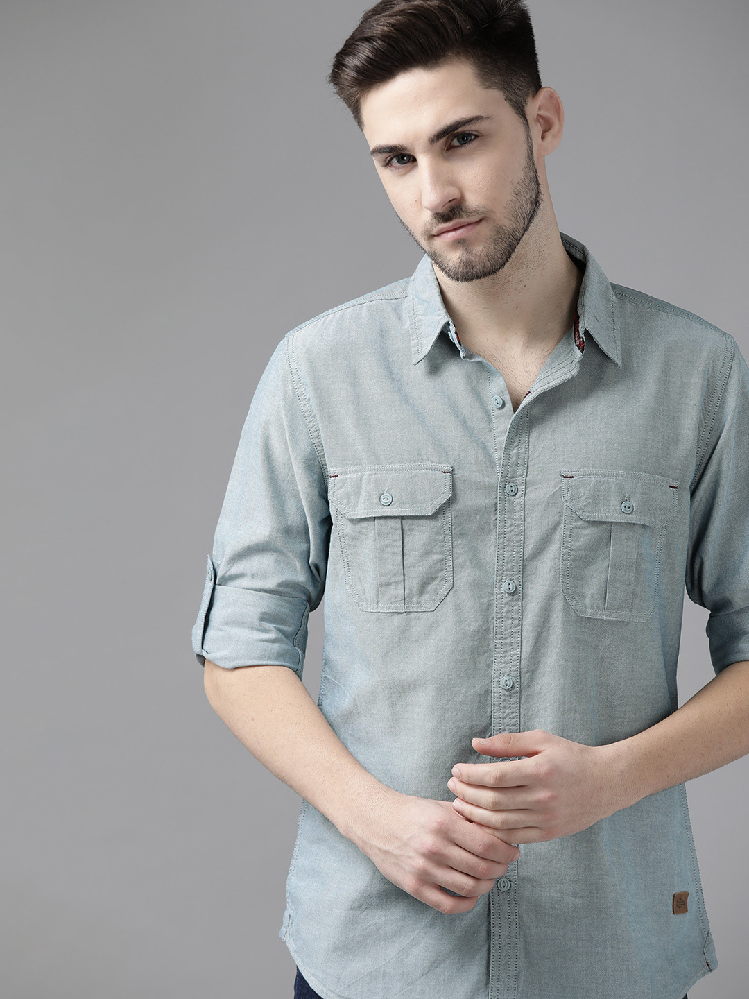 Buy Roadster Men Powder Blue Solid Opaque Pure Cotton Casual Shirt ...