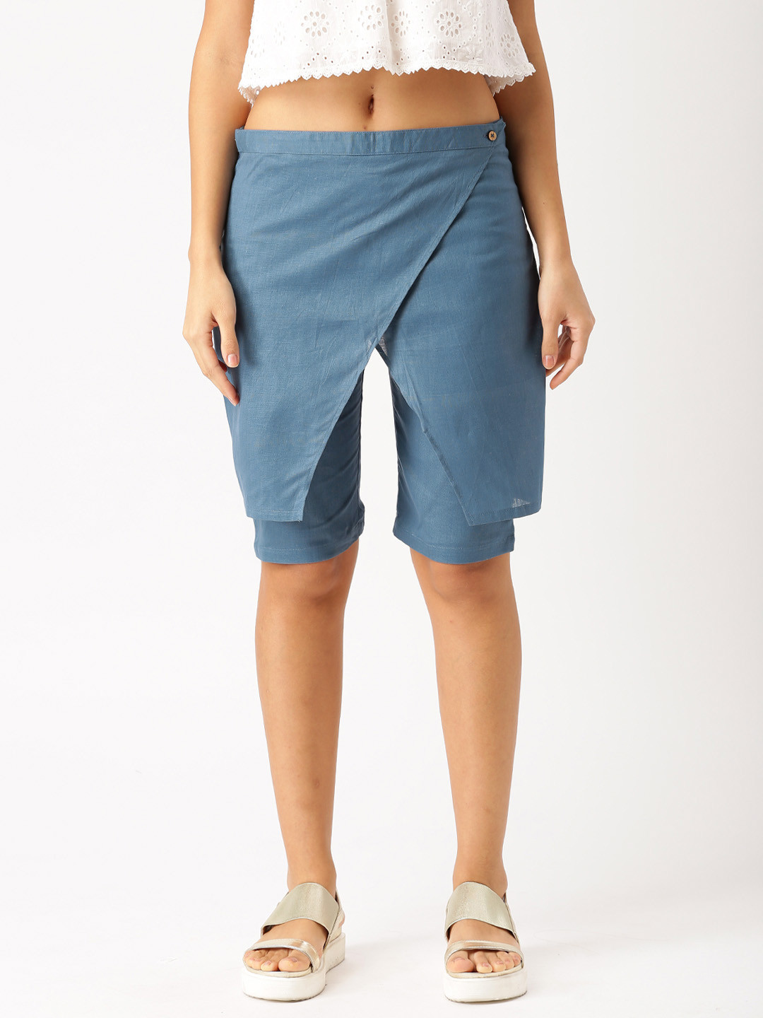 Buy IndusDiva Mumbai Khadi Blue Layered Shorts - Shorts for Women ...