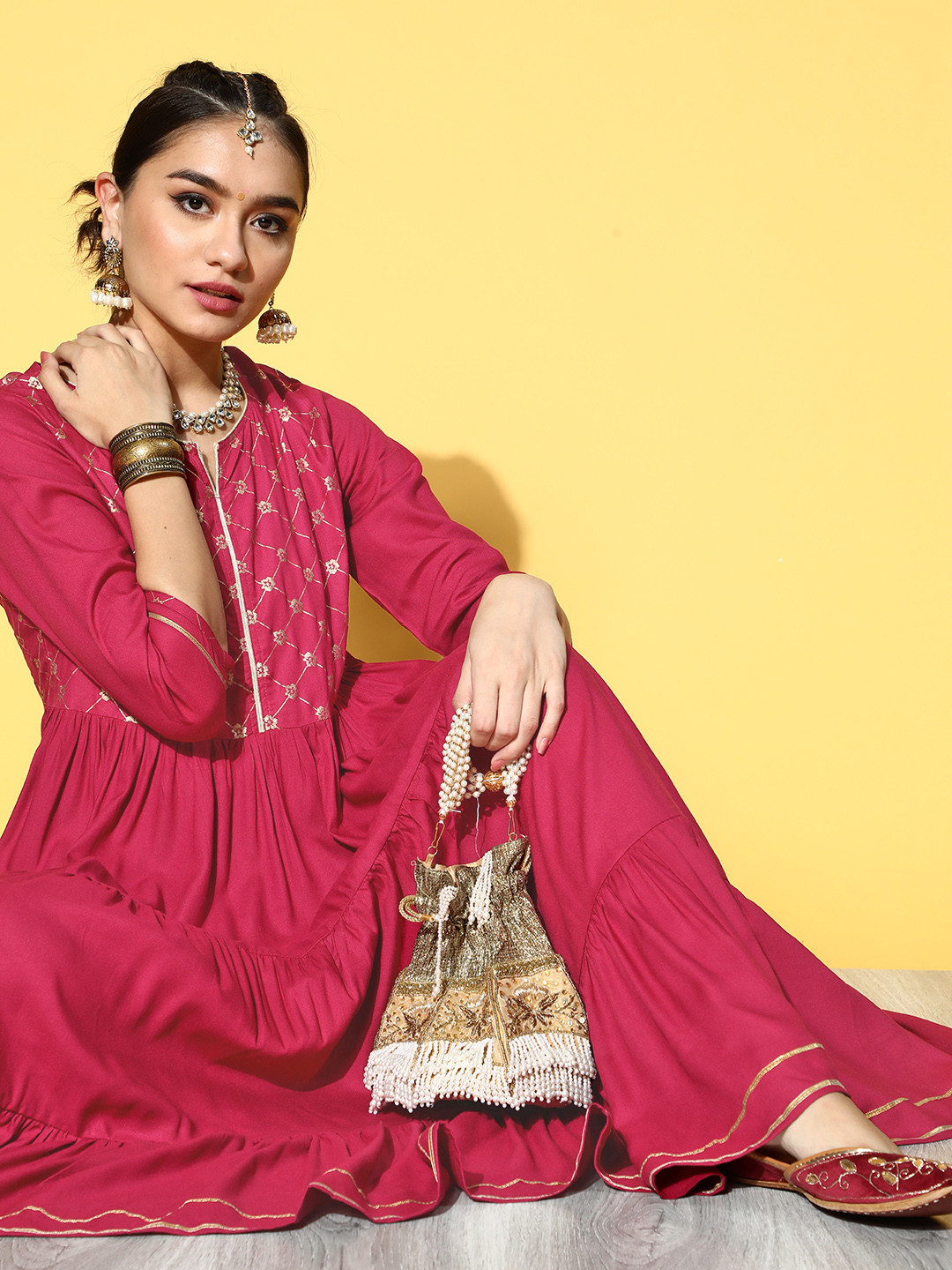 Buy Sangria Women Stunning Magenta Ethnic Motifs Tiered Dress - Ethnic ...
