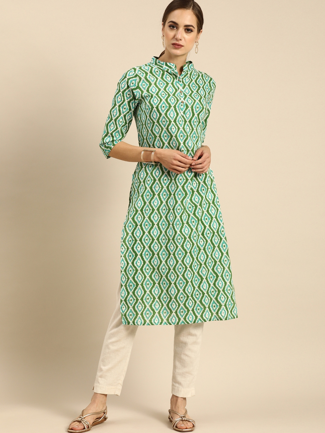 Buy Anouk Women Green And White Ethnic Motifs Printed Kurta Kurtas For