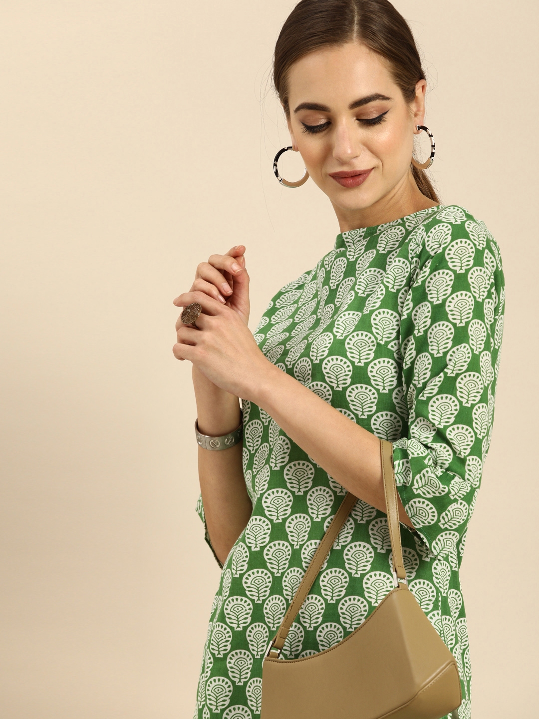 Buy Anouk Women Green And White Ethnic Motifs Printed Bell Sleeves Kurta