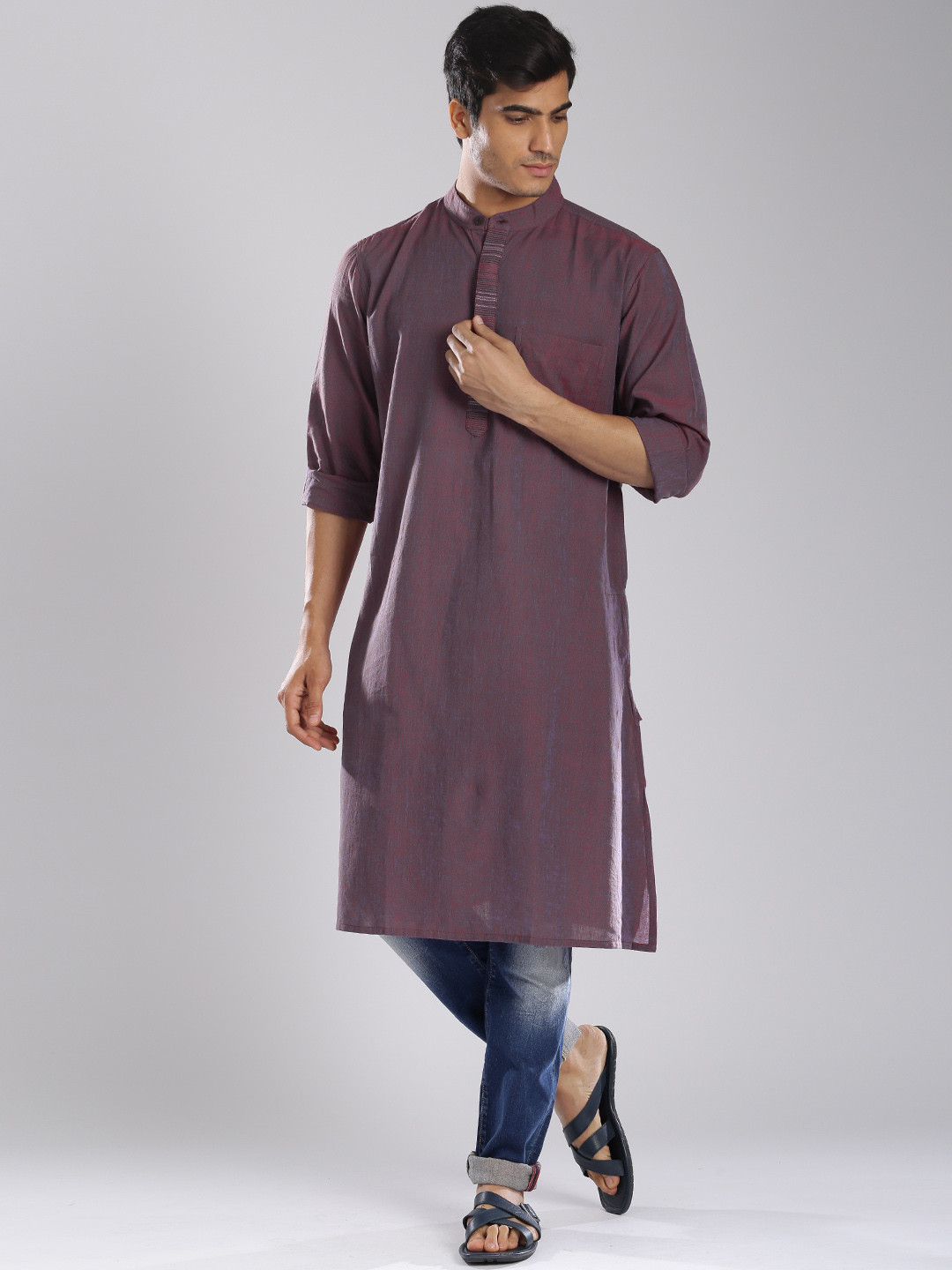 Buy Fabindia Men Burgundy Woven Design Straight Kurta - Kurtas for Men ...