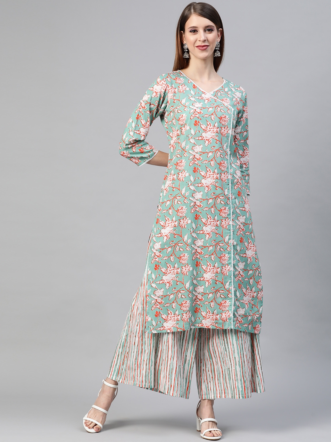 Buy Ahika Women Green Ethnic Motifs Print Angrakha Pure Cotton Kurta