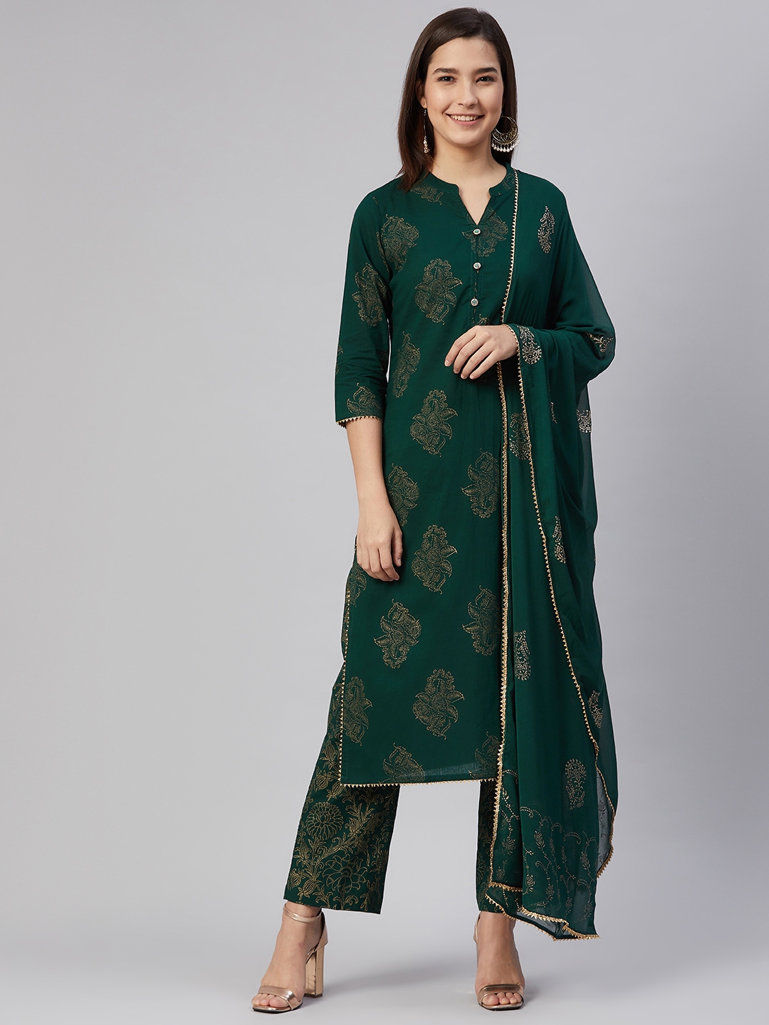 Buy Ahika Women Green And Golden Ethnic Motifs Printed Kurta With