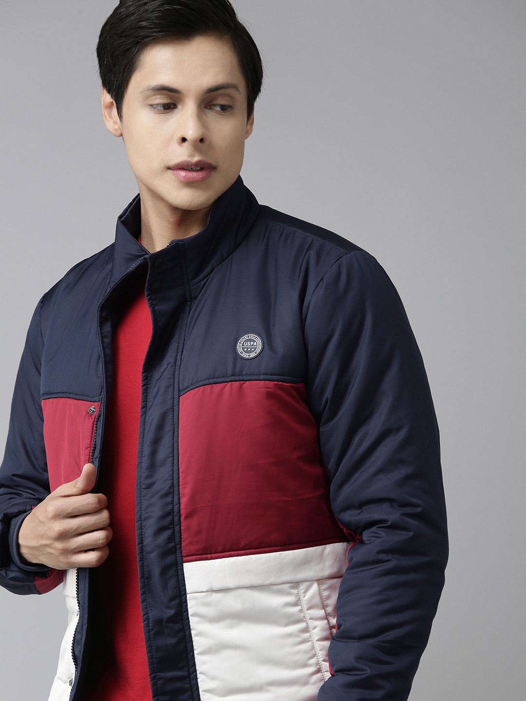 Buy U.S. Polo Assn. Men Navy Blue & Maroon Colourblocked Padded Jacket ...