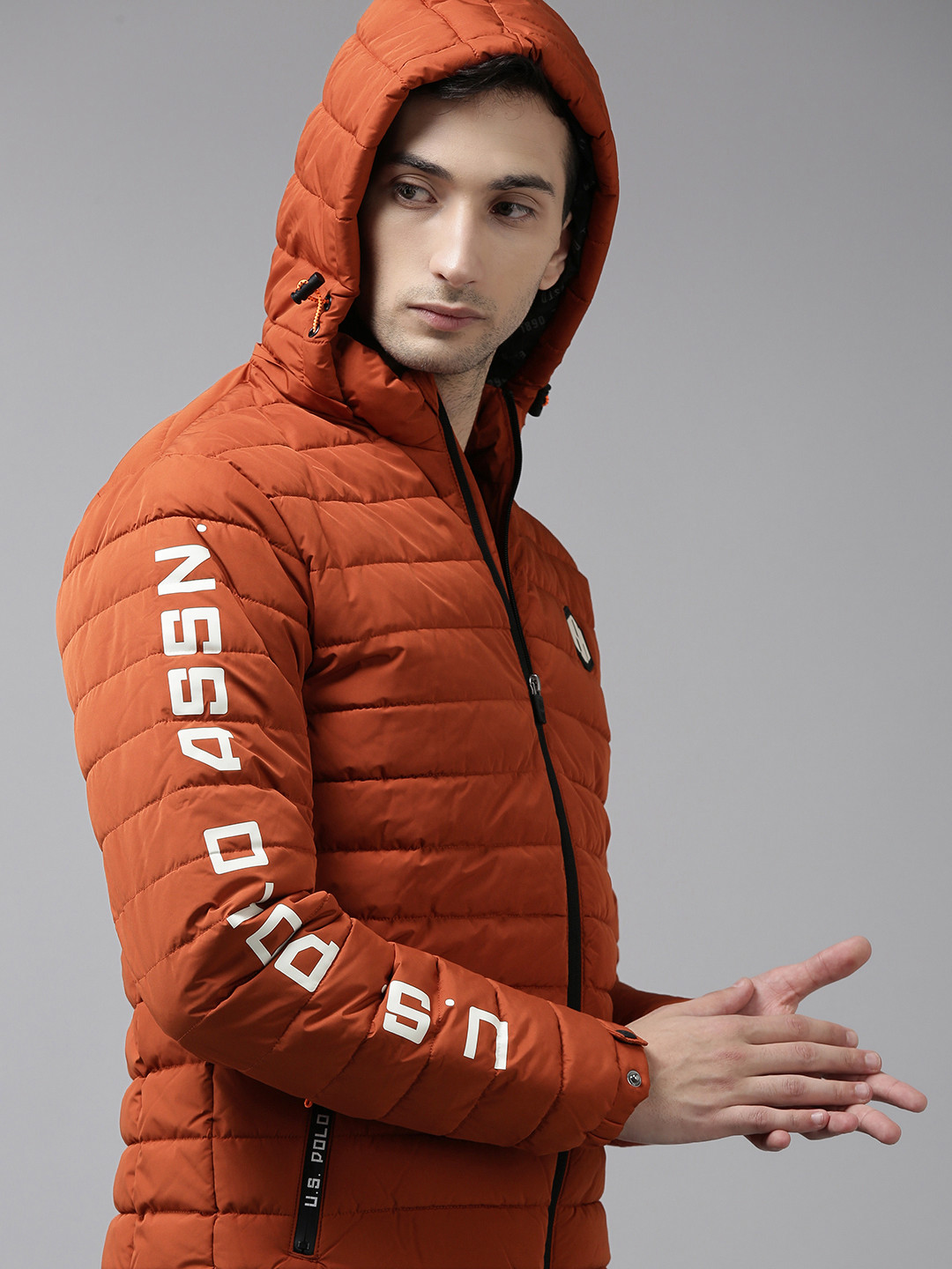 Buy U S Polo Assn Denim Co Men Rust Orange Printed Sleeve Puffer Jacket ...