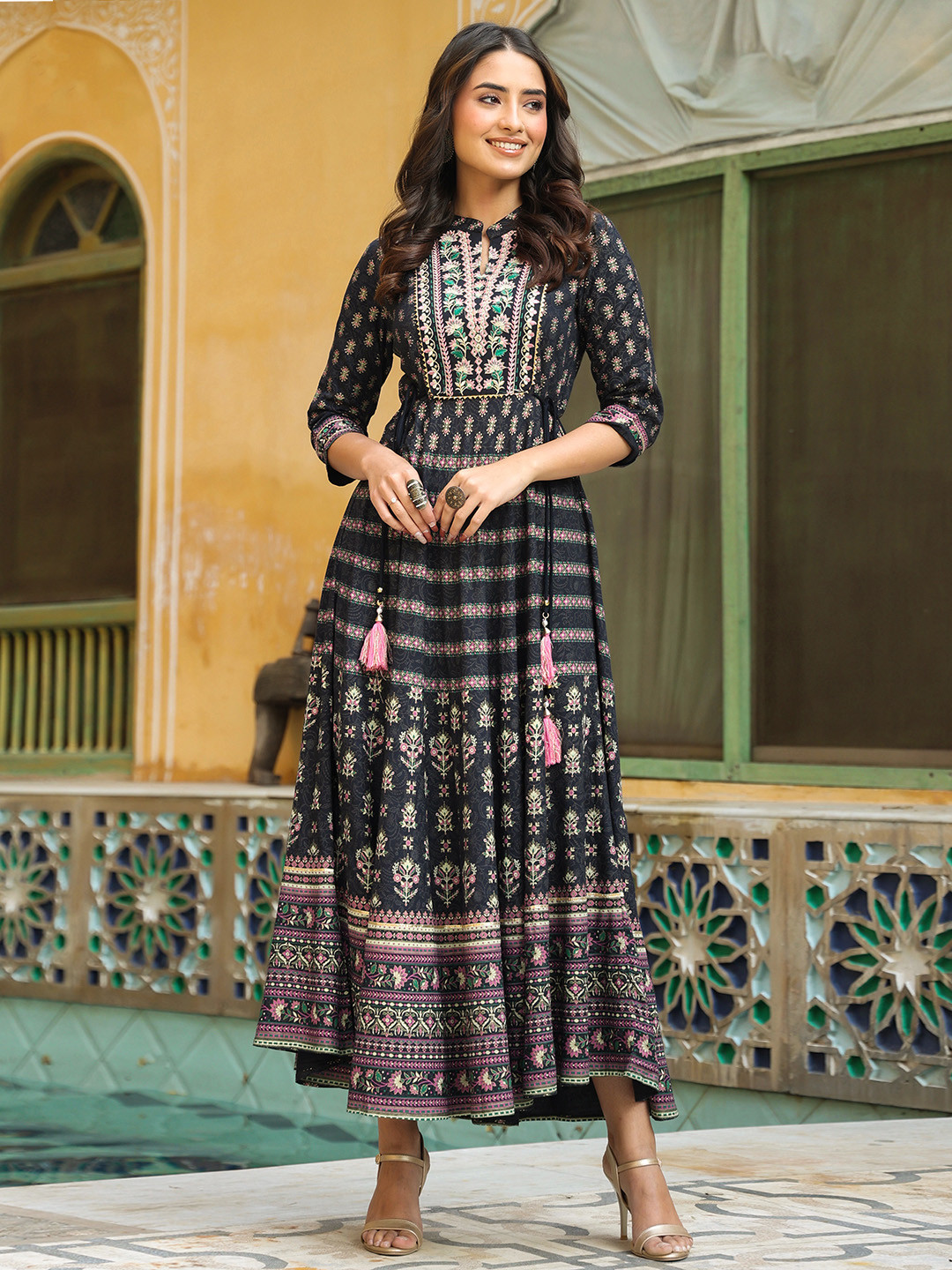 Buy Juniper Women Black & Golden Ethnic Motifs Embroidered Ethnic Liva ...