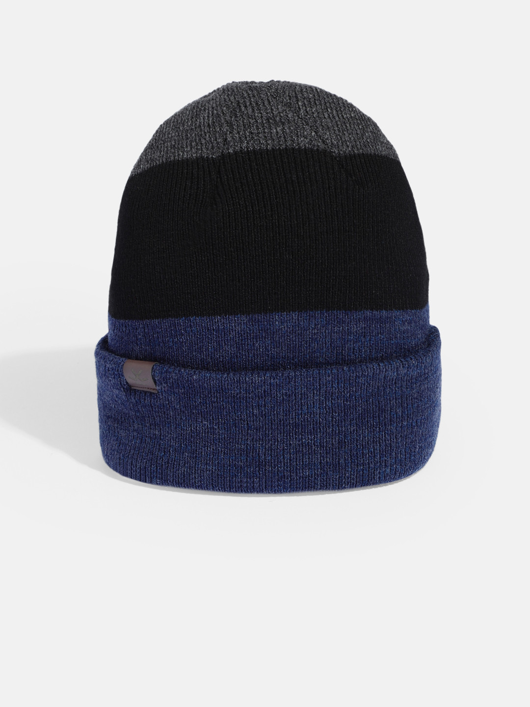 Buy WROGN Unisex Black & Navy Blue Colourblocked Woollen Beanie - Caps ...