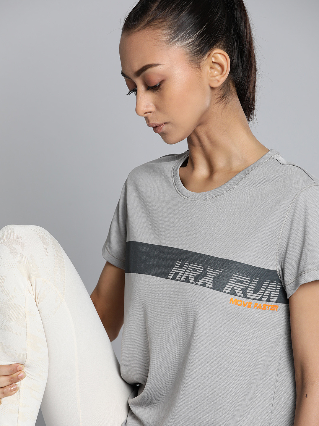 Buy HRX By Hrithik Roshan Women Grey Brand Logo Print Rapid Dry Running ...