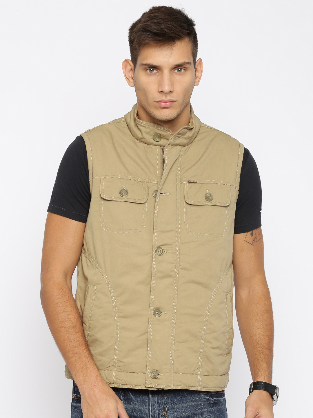 Buy Numero Uno Khaki Sleeveless Jacket - Jackets for Men 1470484 | Myntra