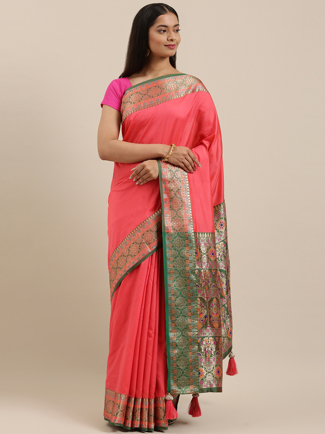 Buy SANGAM PRINTS Peach Coloured Pure Silk Kanjeevaram Saree - Sarees ...