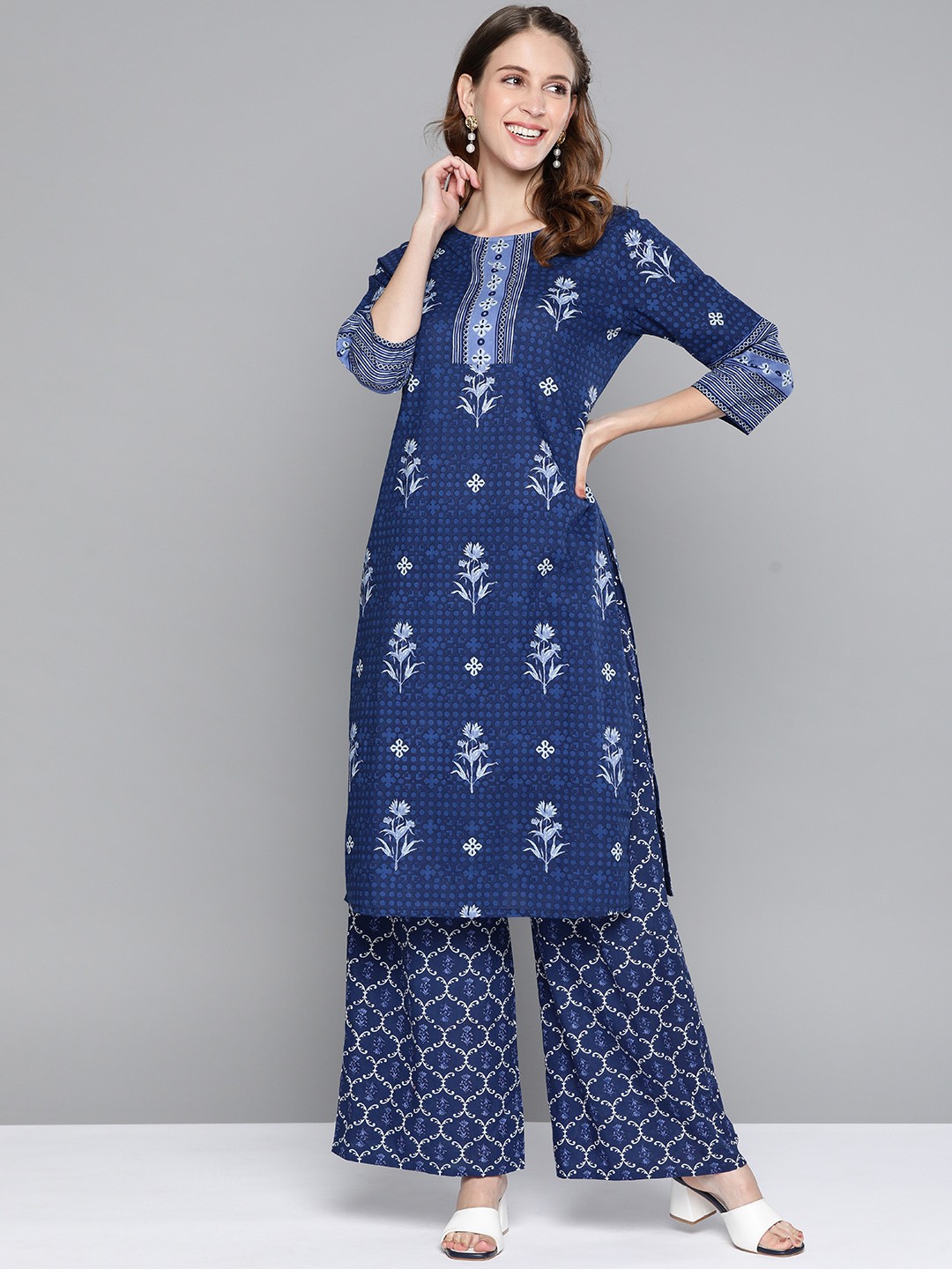 Buy Hereandnow Women Navy Blue And White Ethnic Motifs Printed Pure Cotton