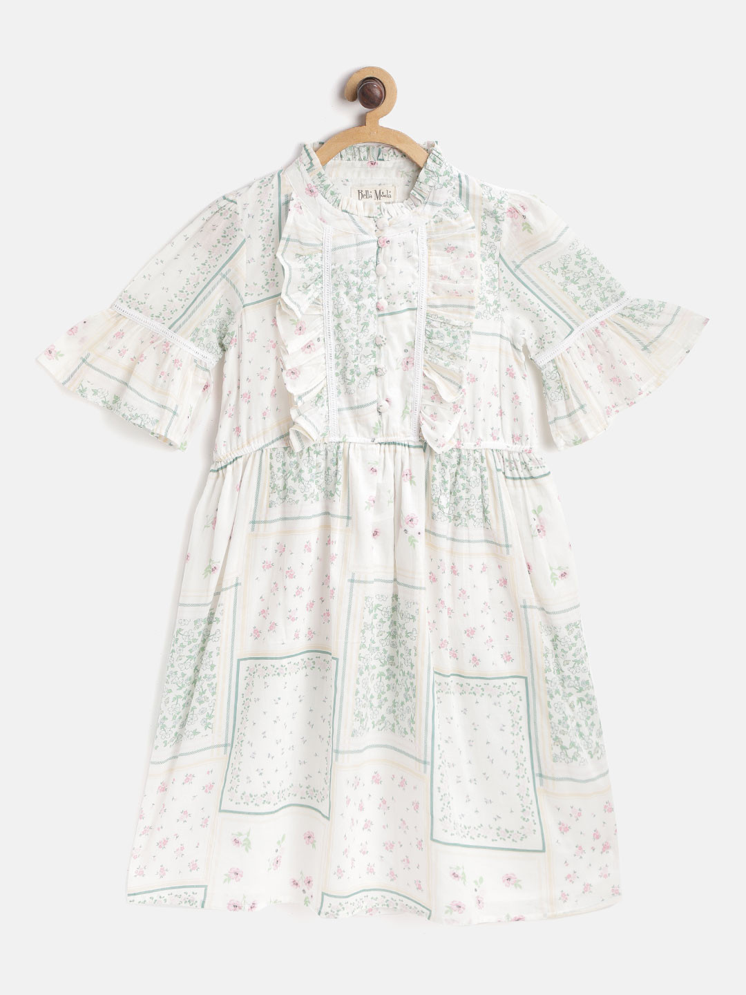 Buy Bella Moda Girls White & Green Floral Print Fit And Flare Dress ...