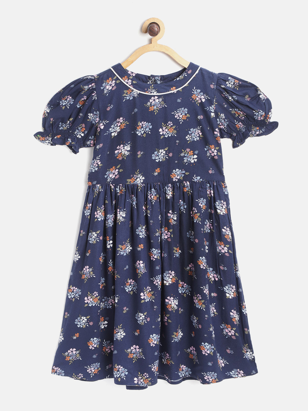 Buy Bella Moda Girls Navy Blue & Pink Floral Print Fit And Flare Dress ...