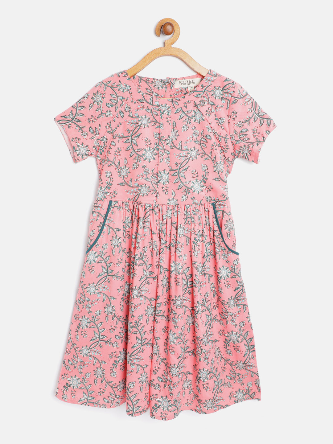 Buy Bella Moda Girls Pink & Green Ethnic Floral Fit & Flare Dress ...