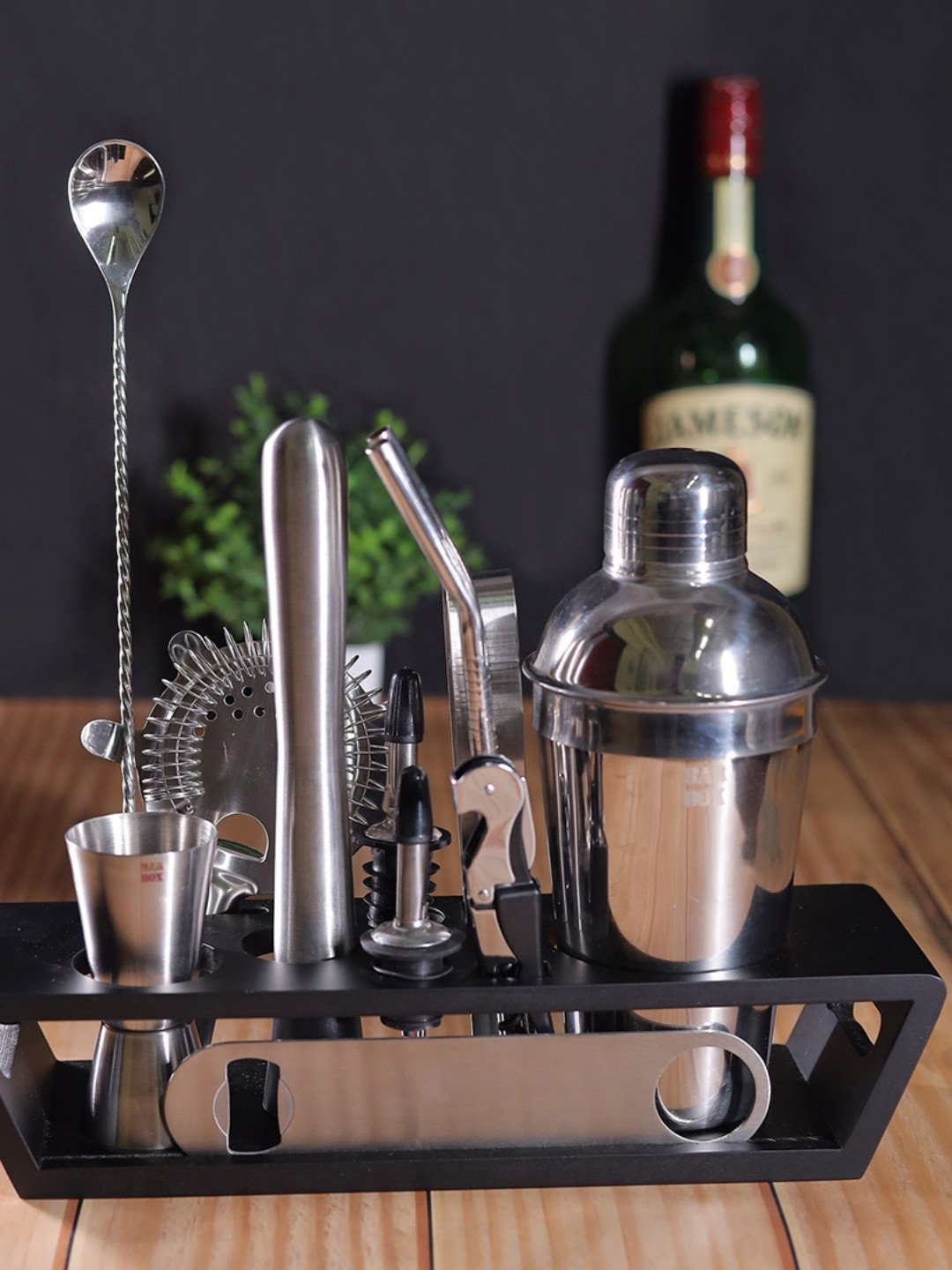 Buy BAR BOX Silver Toned & Black Solid Stainless Steel Bar Tool Set ...