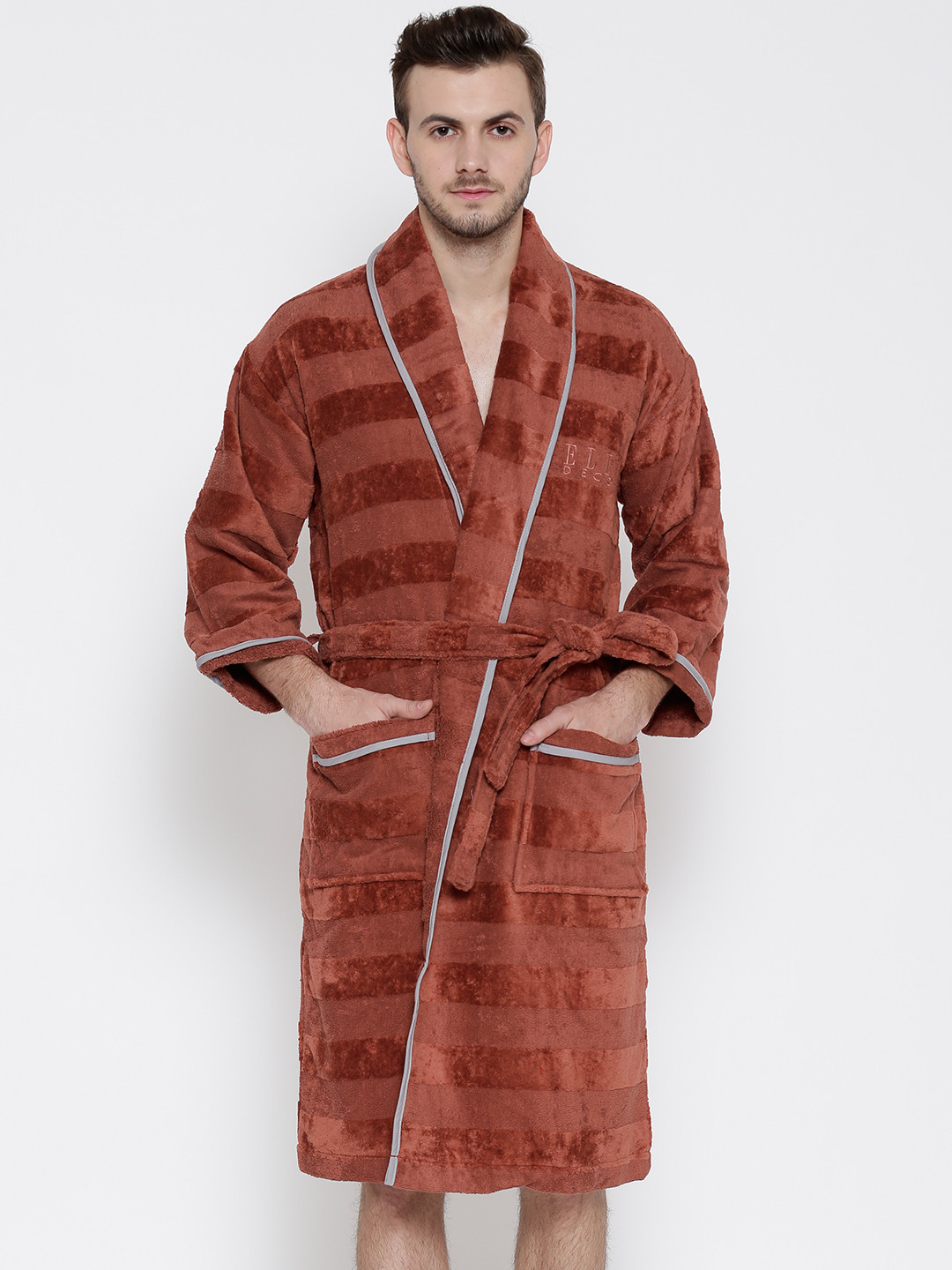 Buy ELLE DECOR Unisex Rust Orange Self Striped Bathrobe - Bath Robe And ...
