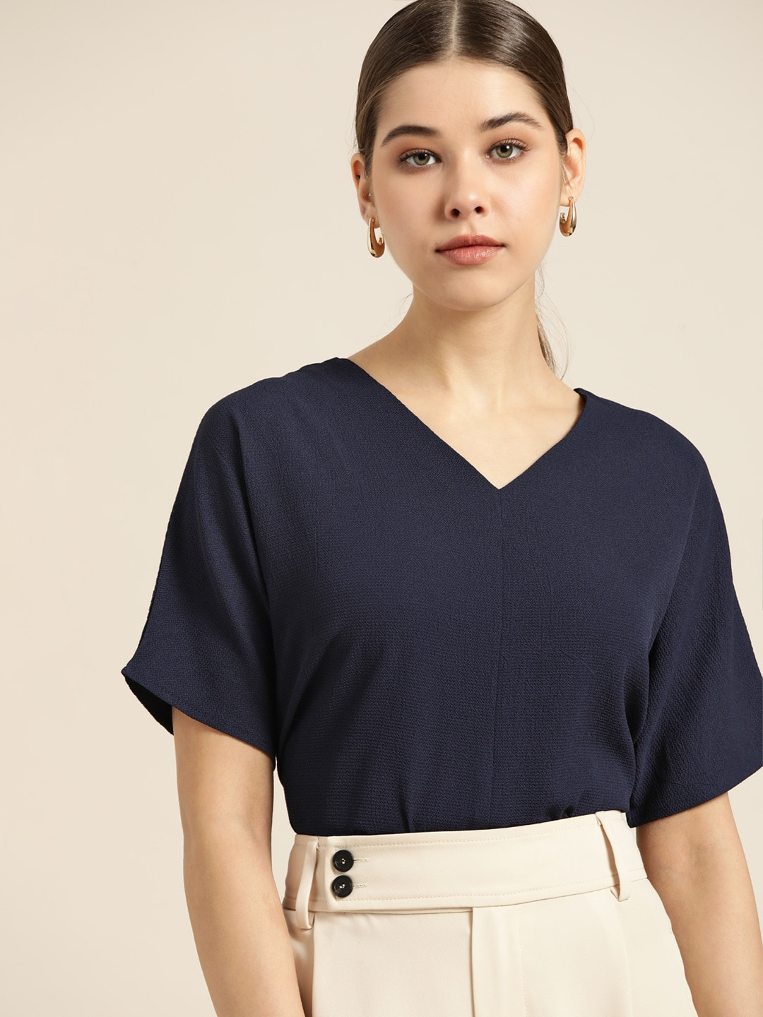 Buy Her By Invictus Women Navy Blue Textured Extended Sleeves Boxy ...