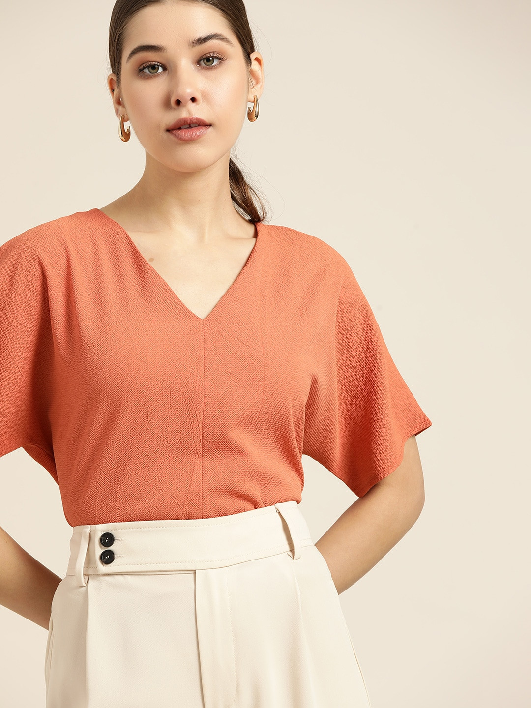 Buy Her By Invictus Women Orange Textured Extended Sleeves Boxy Formal ...