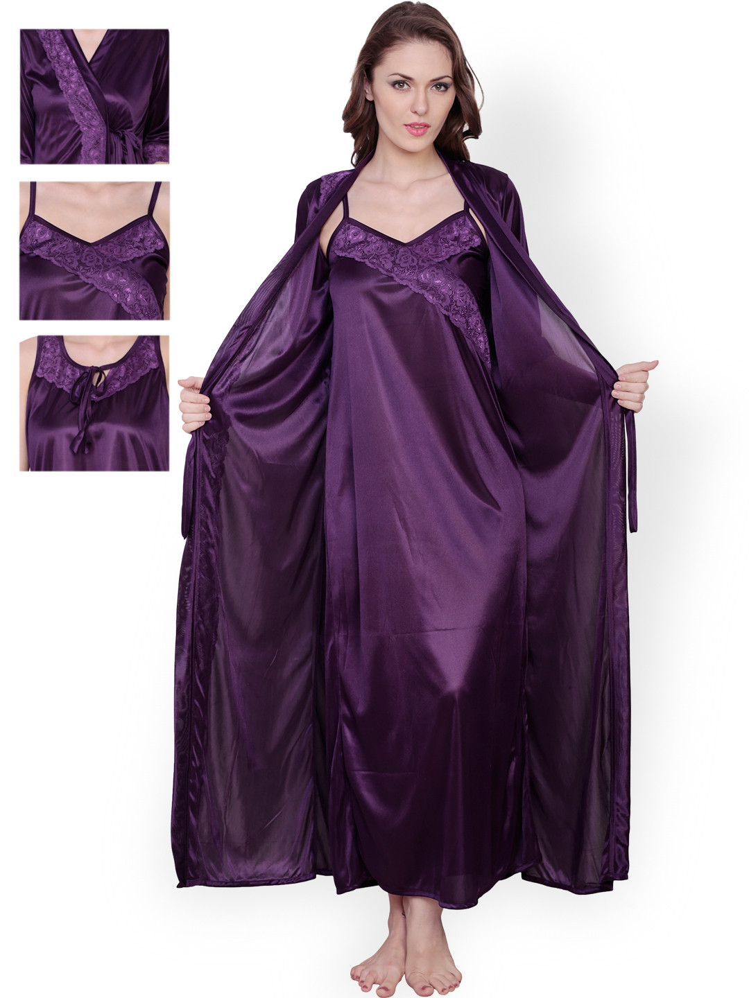 Buy Claura Pack Of 3 Purple Satin Nightdresses ST 04 - Nightdress for ...