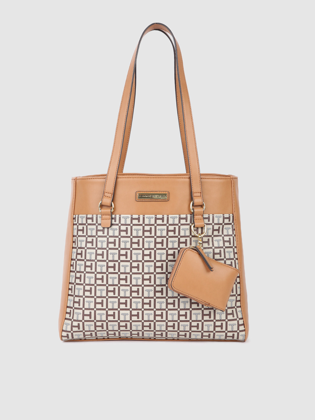Buy Tommy Hilfiger Beige Printed PU Structured Shoulder Bag With Pouch ...