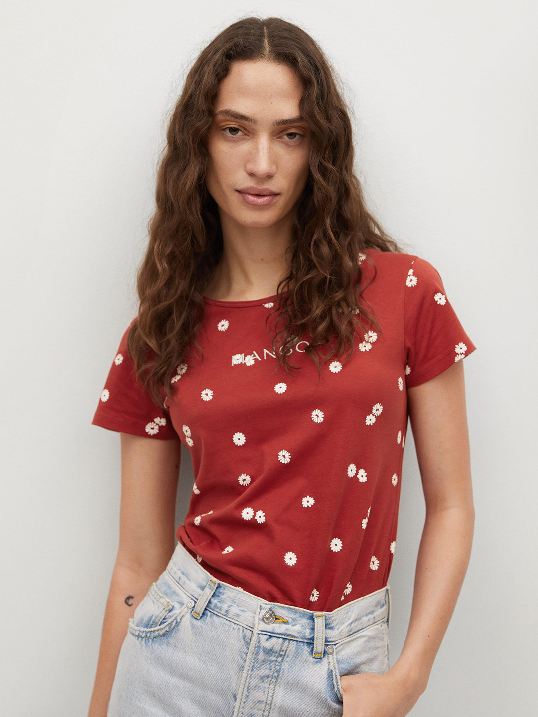 Buy MANGO Women Rust Brown & White Brand Logo Print Embroidered Cotton ...